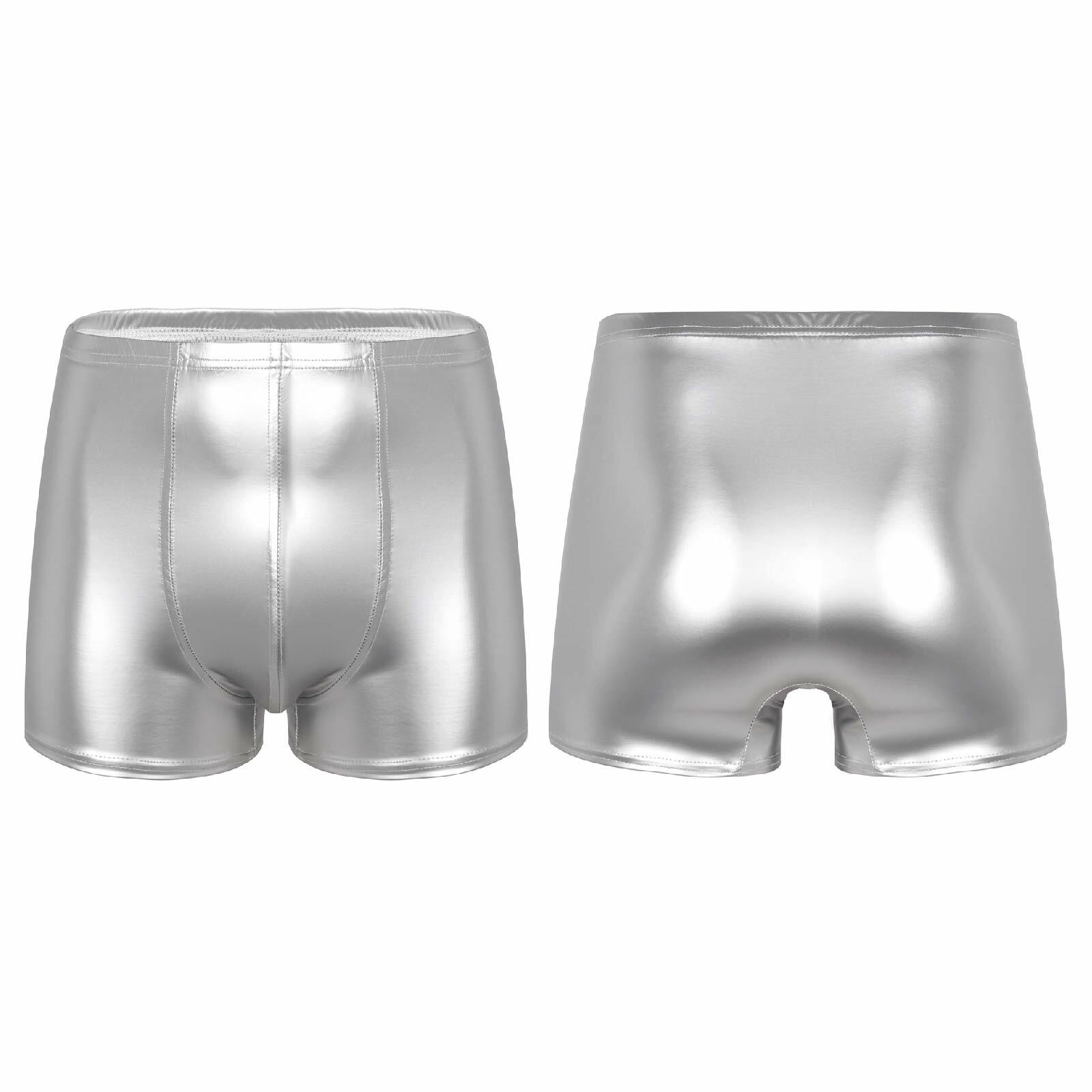 Men Wet Look Latex PVC Leather Shorts Bulge Pouch Boxer Brief Hot Pants ...