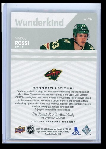 2022-23 Upper Deck Stature Wunderkind Auto Marco Rossi Auto 1/6 #W-16 ...