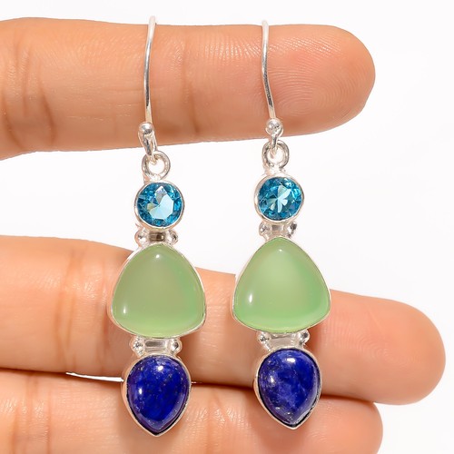Peru Chalcedony Lapis Lazuli Gemstone 925 Silver Handmade Earrings 2.1 ...