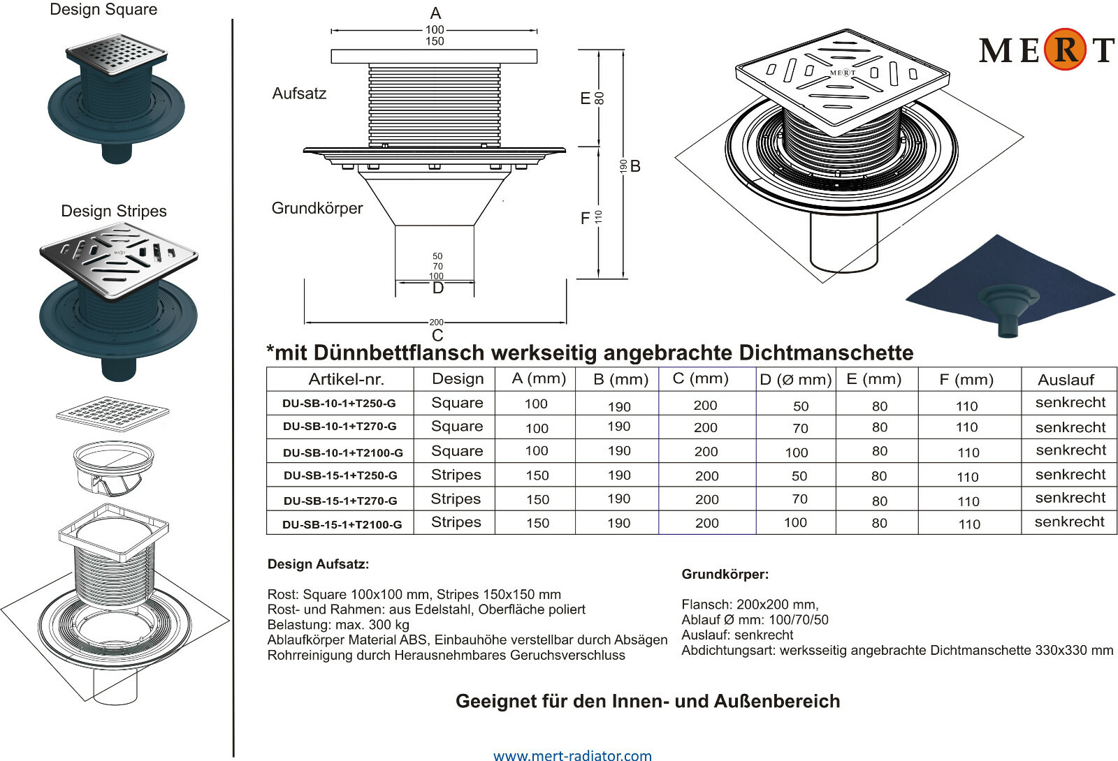 MERT Bodenablauf Design "Stripes" mit Edelstahlrost und Rahmen mit ...