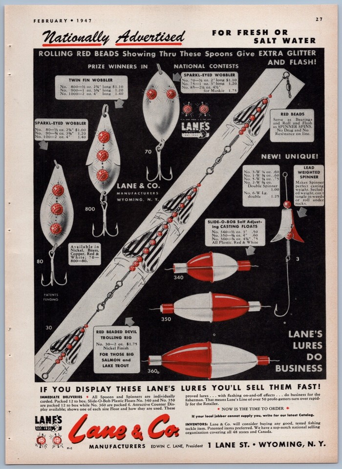 1947 Lang Twin Fin Wobbler Fishing Lure Casting Floats Print Ad Flyer ...