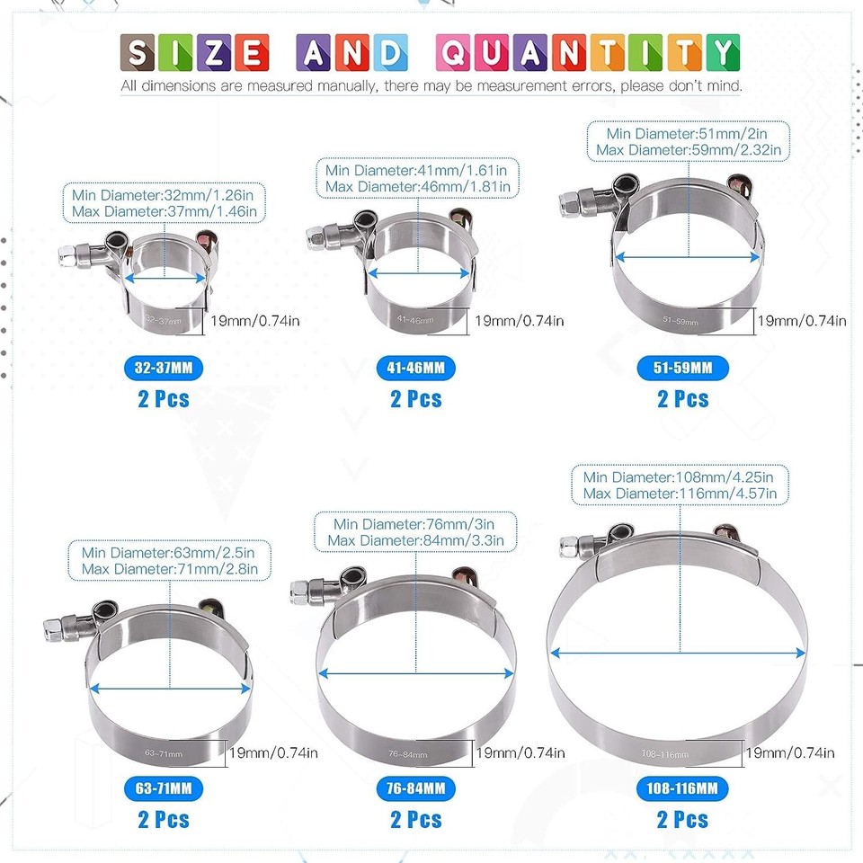 T-Bolt Hose Clamps Kit Stainless Steel Soft Hose Clamps Assortment ...