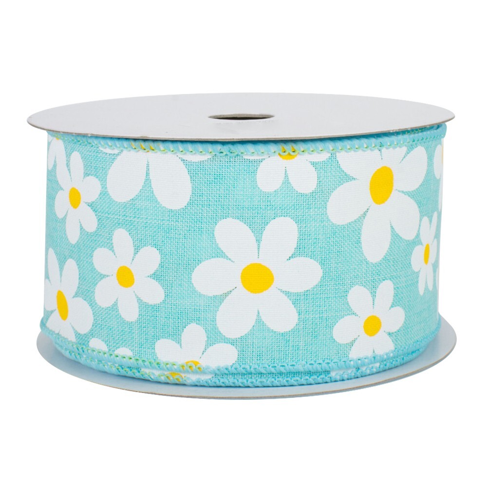 White Spring Daisies Wired Ribbon - 2 1/2 Inch x 10 Yards, Blue, Easter ...