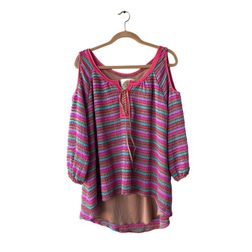 MISSY ROBERTSON Tunic Knit Multicolor Striped Boho Cold shoulder Top S ...