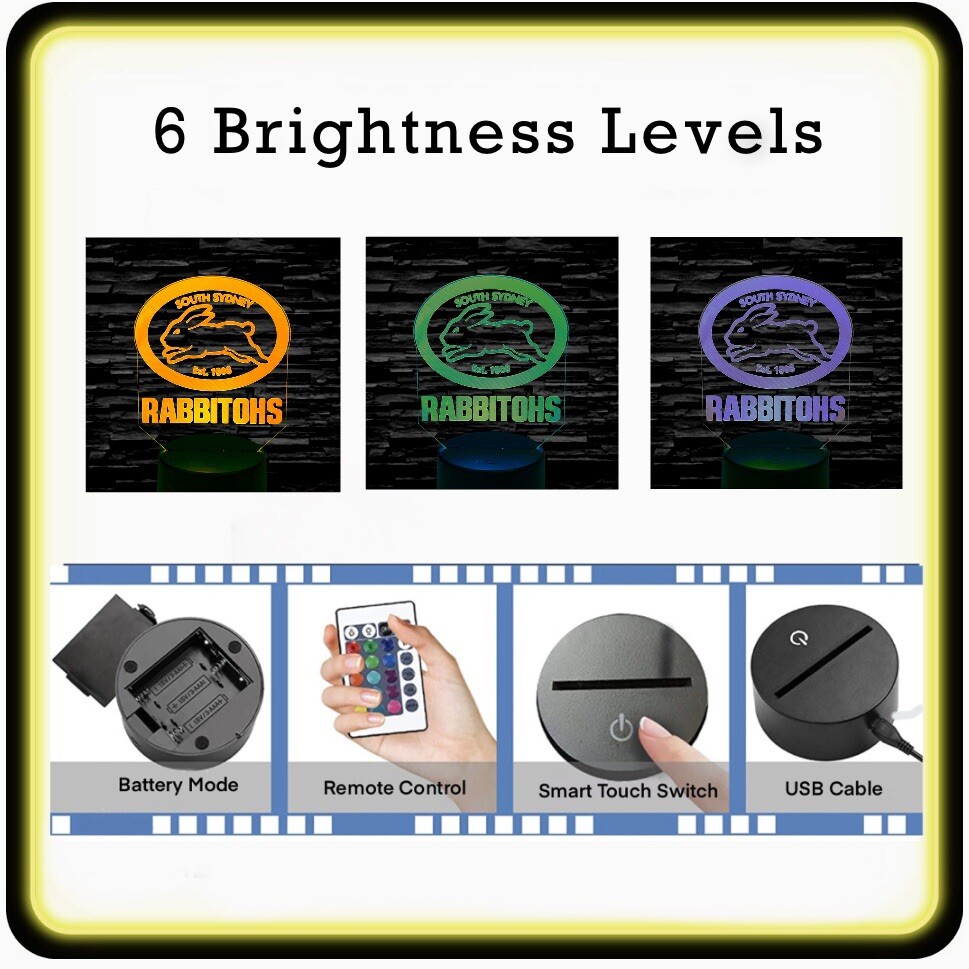 Rabbitohs South Sydney 3D LED Night Light Lamp 16 Colour Remote ...