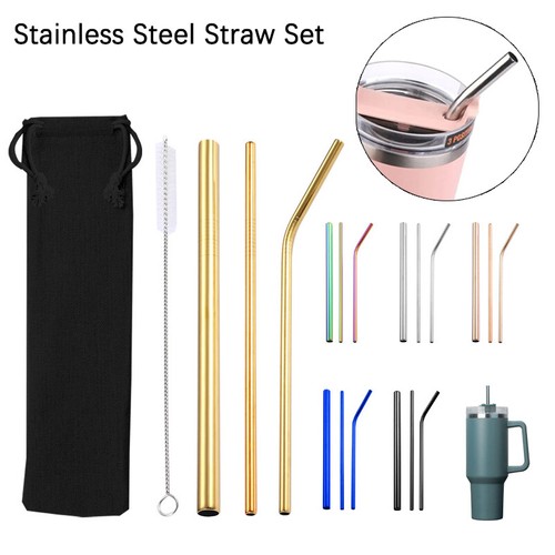 4PCS Reusable Metal Straws Set With Cleaner Brush Stainless Steel ...