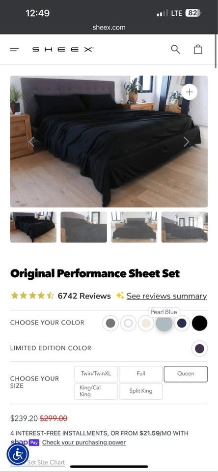 Sheex Performance Pearl Blue QUEEN Sheet Set (Flat, Fitted & 4 ...