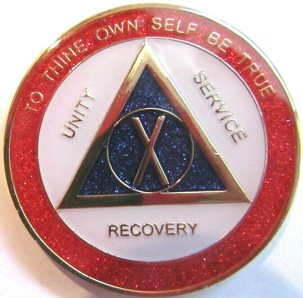 RED White BLUE SPARKLE Alcoholics Anonymous 10 Year AA Medallion Coin ...