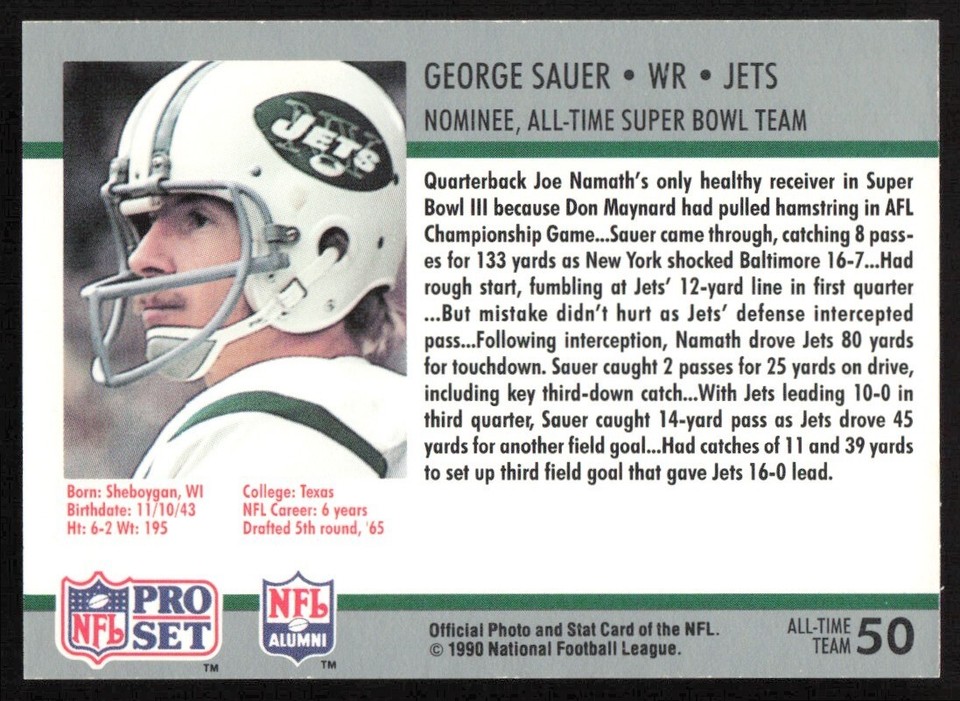 1990 Pro Set Super Bowl Supermen George Sauer #50 New York Jets | eBay