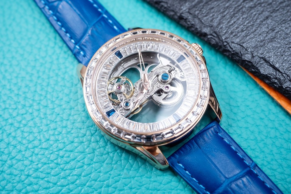 Mens Rose Gold Automatic Mechanical Watch Bridge Iced Out Cubic ...