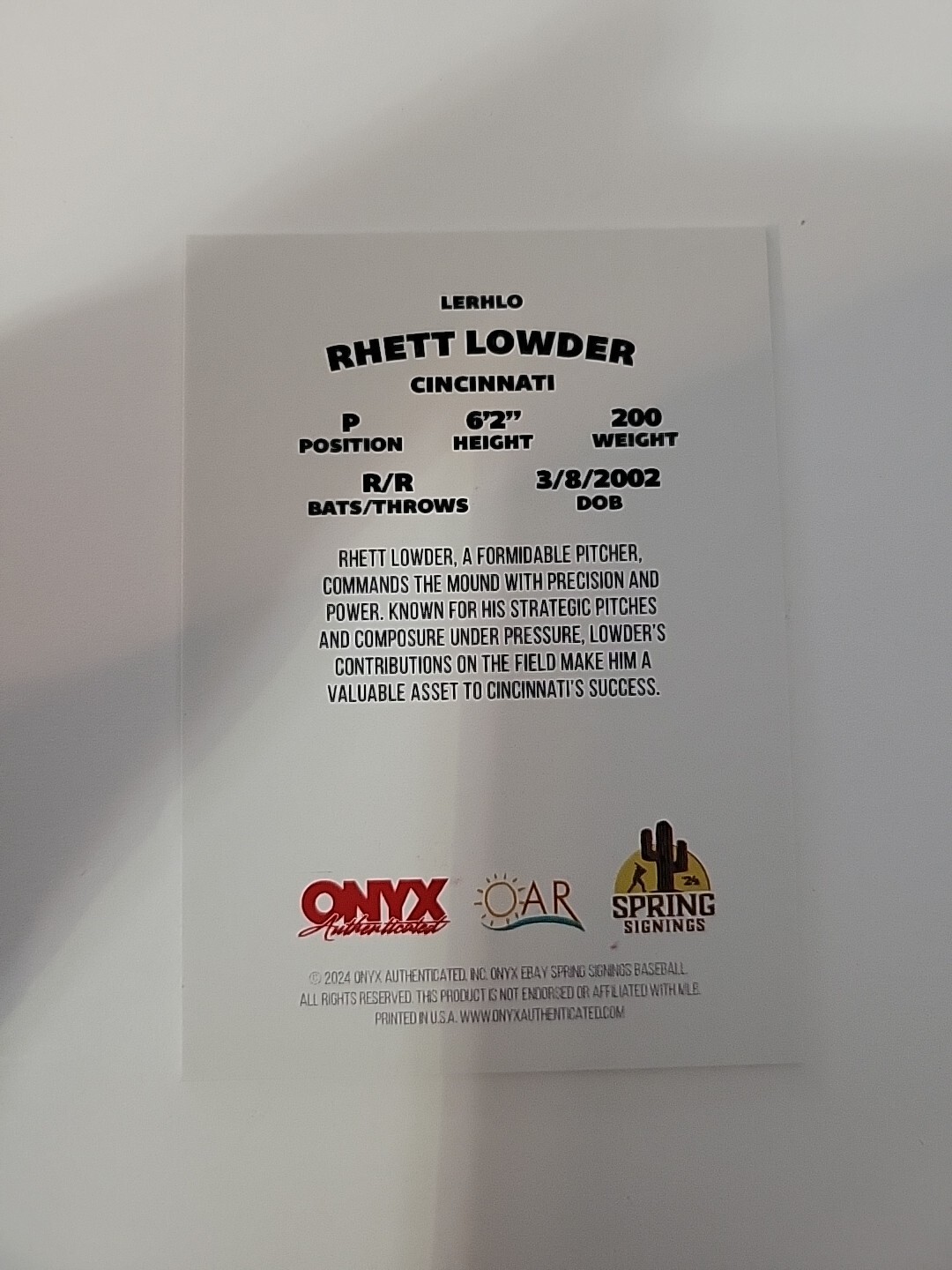2024 Onyx Spring Signings Limited Edition Rhett Lowder On Card Red Ink ...