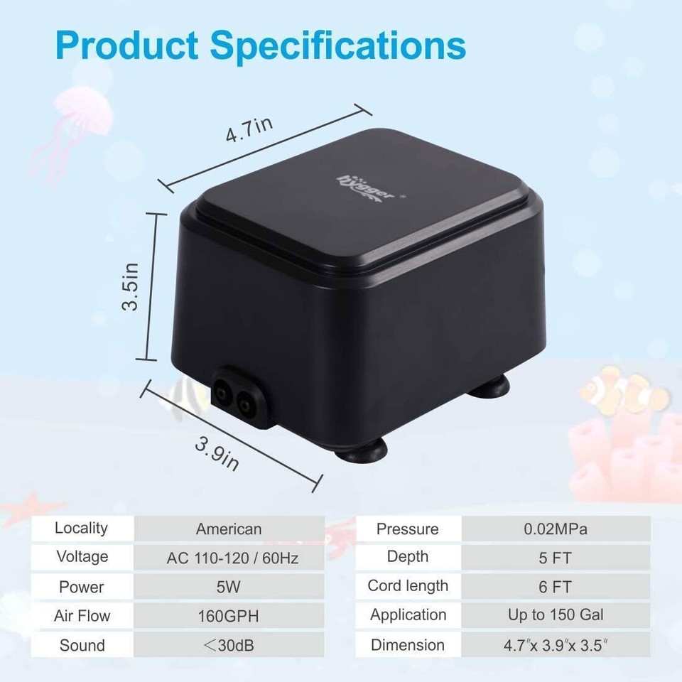 hygger 2 Outlet Aquarium Air Pump Adjustable Quiet Oxygen Pump Up to ...