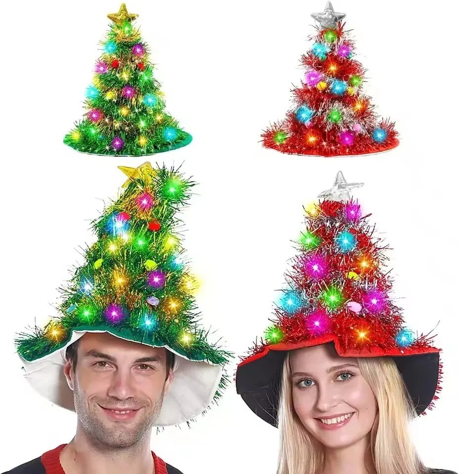 Shiny Funny Christmas Hats Tree Santa Hat Glowing LED Lights Hats Party ...