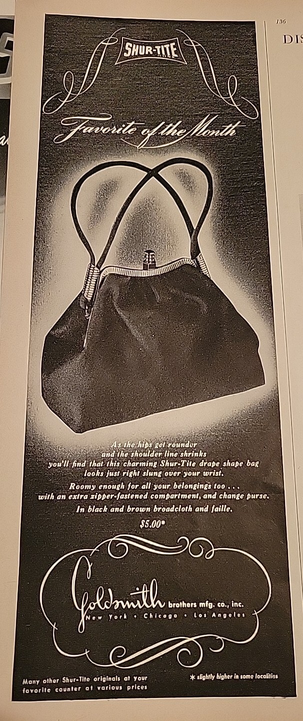 1947 Women's Goldsmith Shur-tite Drape Shape Purse Handbag vintage ad ...