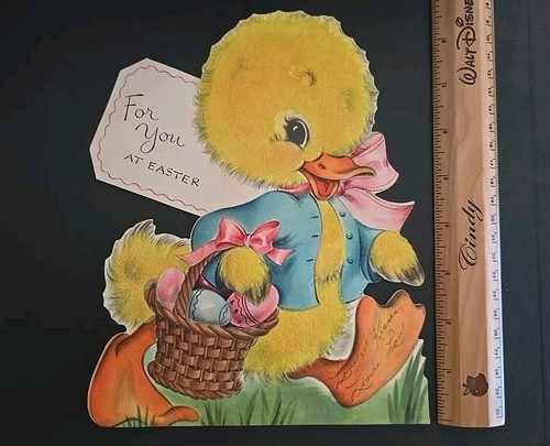 Vtg Hallmark Easter Greeting Card Standup Flocked Duck With Basket Pink ...