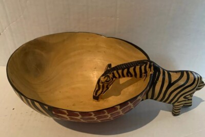 Hand Carved African Wood Zebra Handle Bowl Wooden Hand Painted Dish | eBay