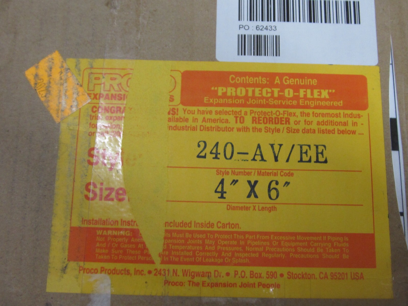 PROCO 240 AV/EE 4" X 6" EXPANSION JOINT PROTECT O FLEX SINGLE SHERE ...