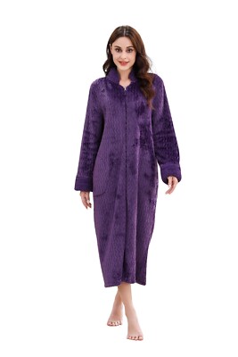 RH Women Fleece Robe Plush Long Zip Front Soft Zipper Bathrobes S-3XL ...