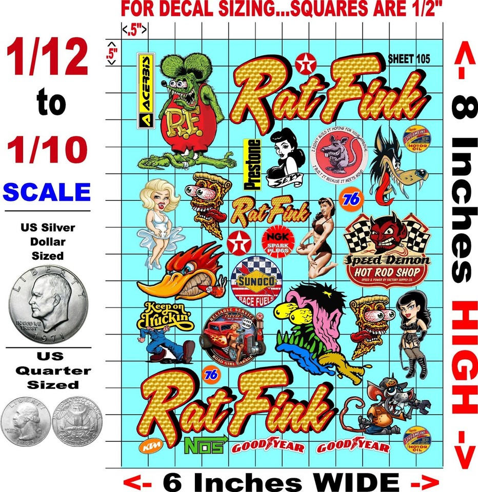 White Vinyl Racing Sticker Sheet 105 Rat Fink-R/C MODEL Die-cut-Decals ...