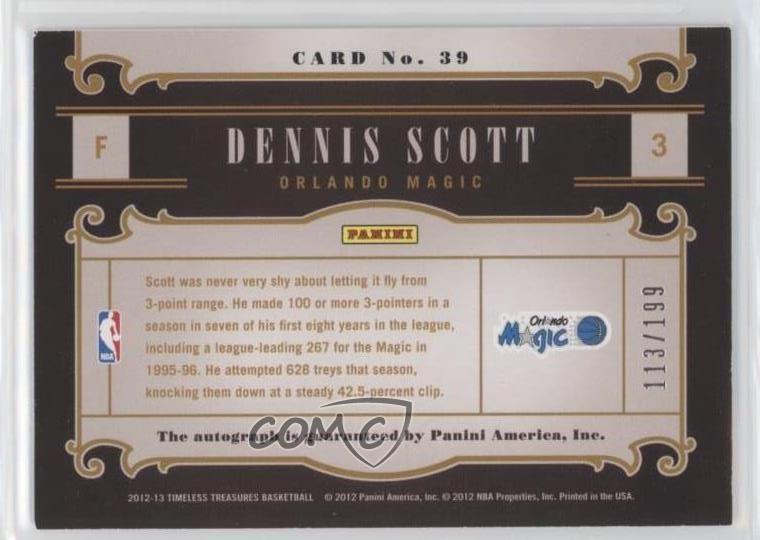 2012-13 Panini Timeless Treasures Signatures /199 Dennis Scott #39 Auto ...