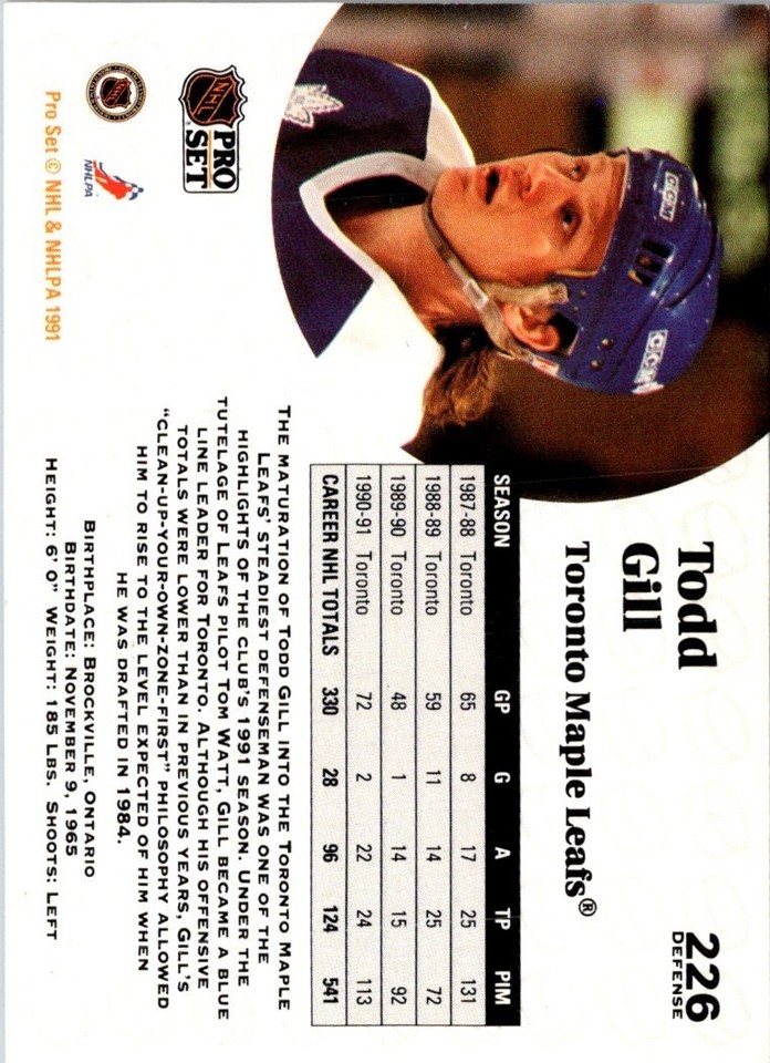 1991 Pro Set Todd Gill #226 Toronto Maple Leafs Hockey Card | eBay