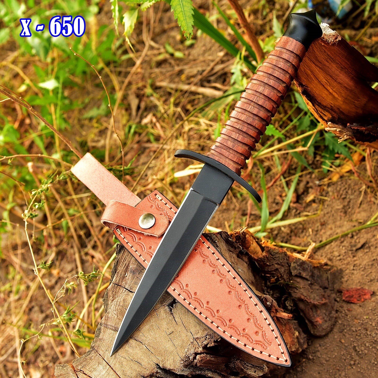 Double-Edged V42 Military Combat Leather Stiletto Dagger Knife with ...