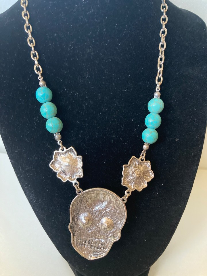 Estate Silver Tone Skull Necklace Turquoise colored Bead Rhinestone ...