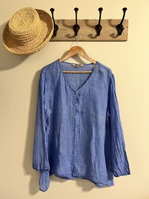 Flax Button Front Shirt Top Blouse Lagenlook Cornflower Blue Large ...