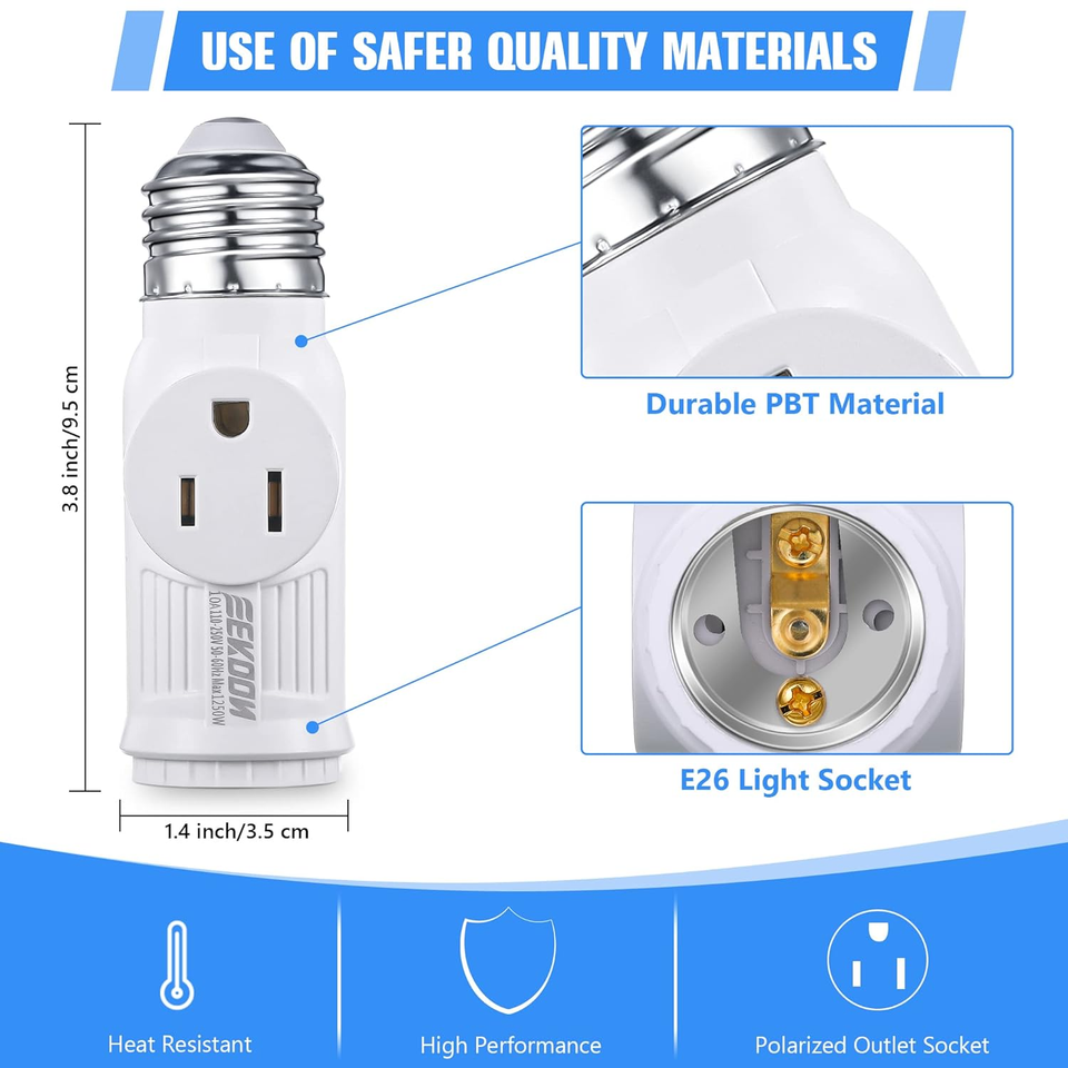 Feekoon 1 Pcs 3 Prong Light Socket Adapter, E26 Light Bulb Outlet ...