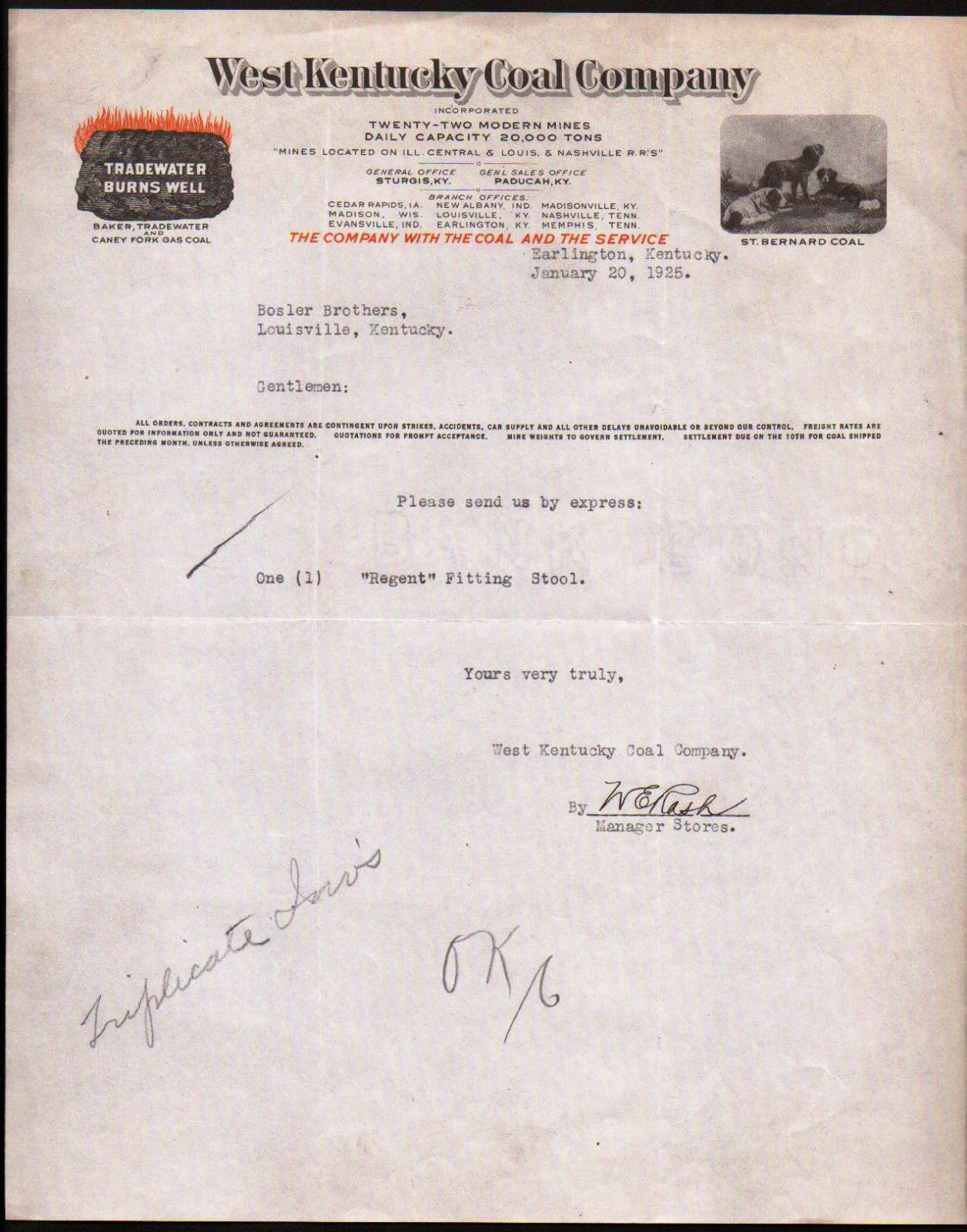 1925 Earlington - West Kentucky Coal Co - W E Rash - Rare Letter Head ...