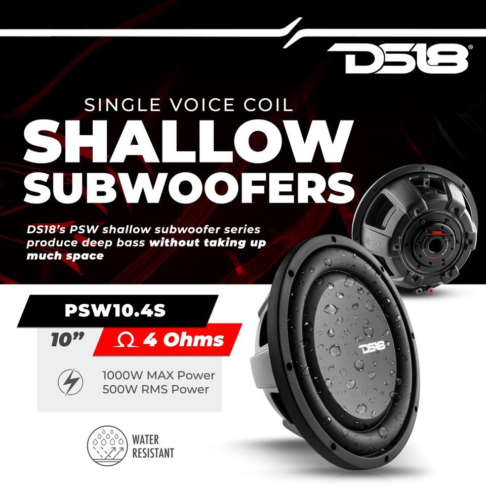 DS18 PSW10.4S 10" Shallow Car Subwoofer 1000 Watts 4 Ohms Water ...