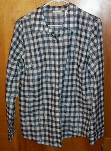 LIZ CLAIBORNE Womans Black White Silver Thread Button Front Shirt Top ...