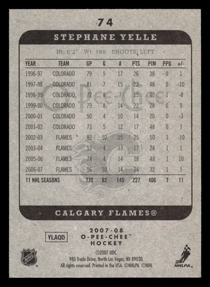 Stephane Yelle 2007 O-Pee-Chee #74 Calgary Flames | eBay