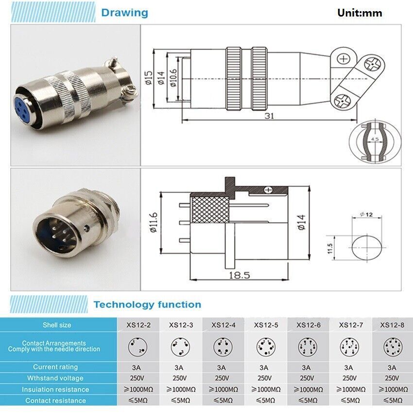 XS12-2-7Pin Screw Type Electrical Aviation Male Socket +Female Plug ...