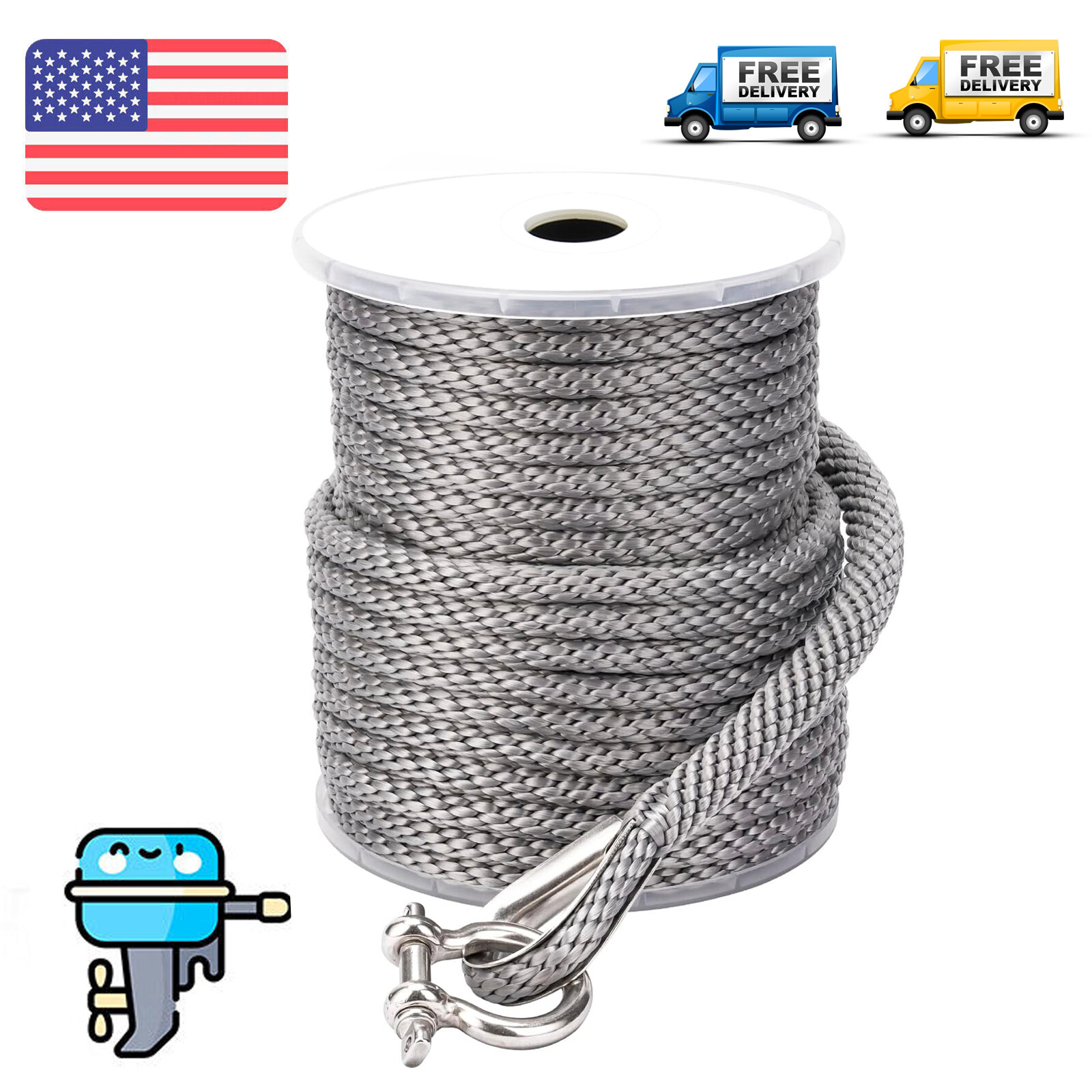 3/8" x 100 FT Anchor Rope Braided Anchor Line Premium Solid Braid MFP ...