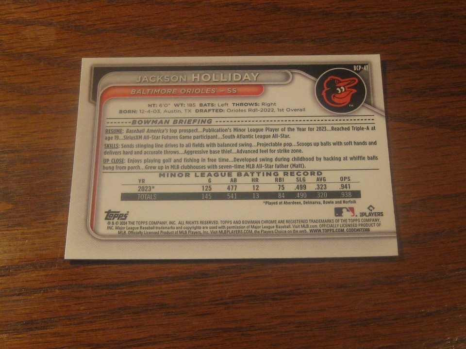 JACKSON HOLLIDAY 2024 Bowman Chrome Baseball MOJO Refractor Card # BCP ...