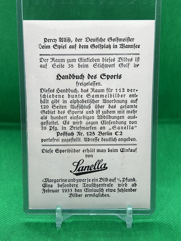 1932 Sanella Percy Alliss (Golf) RARE 93 Year Old German Card HALL OF ...