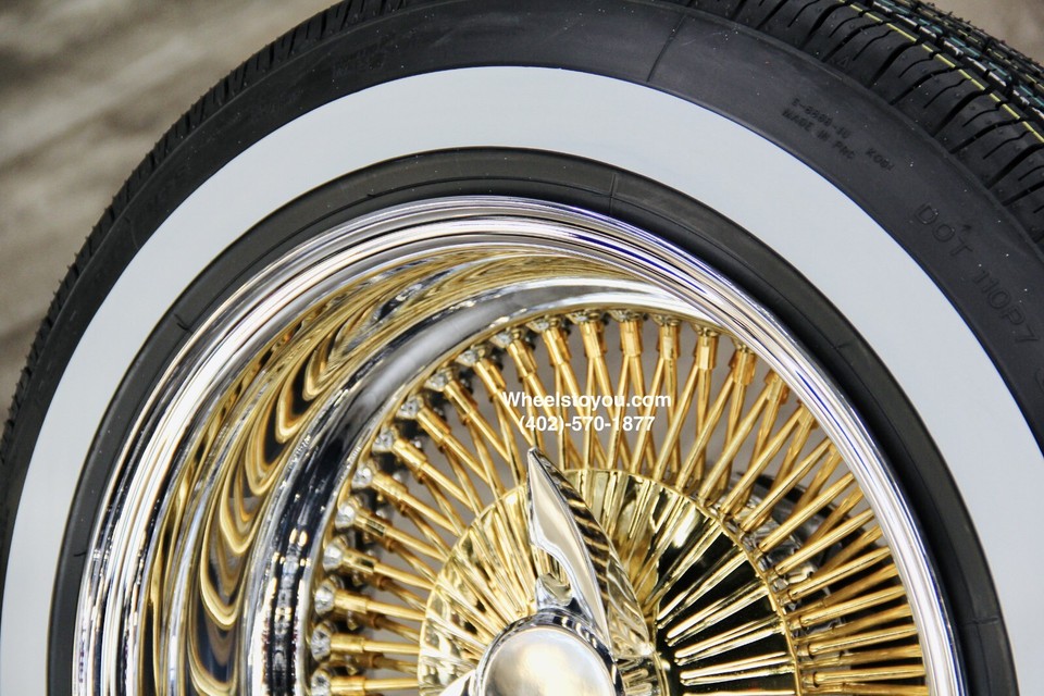 New Set (4) 15x7" GOLD & CHROME 100 SPOKE WIRE WHEELS WIDE WHITEWALL ...