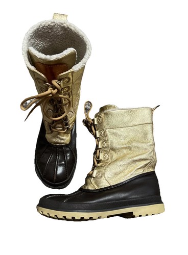 COACH Size 7.5 Gold Brown Duck Boots Laura Leather Trim Metallic Snow ...