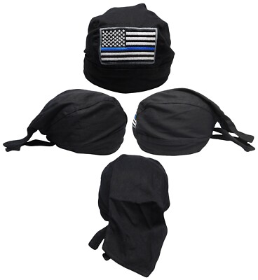 USA Thin Blue Line Police Memorial Black Embroidered Doo Rag Skull Cap ...