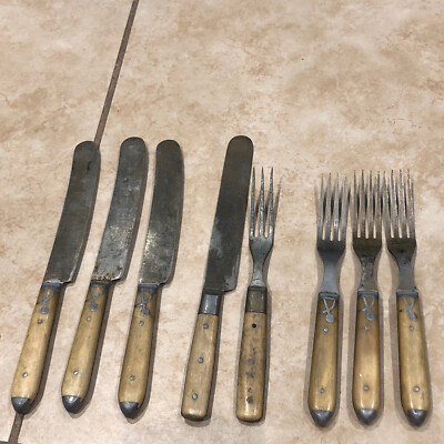 Rare Civil War Era Cutlery 8 Pieces Bone Handle Inlay Primitive Knives ...