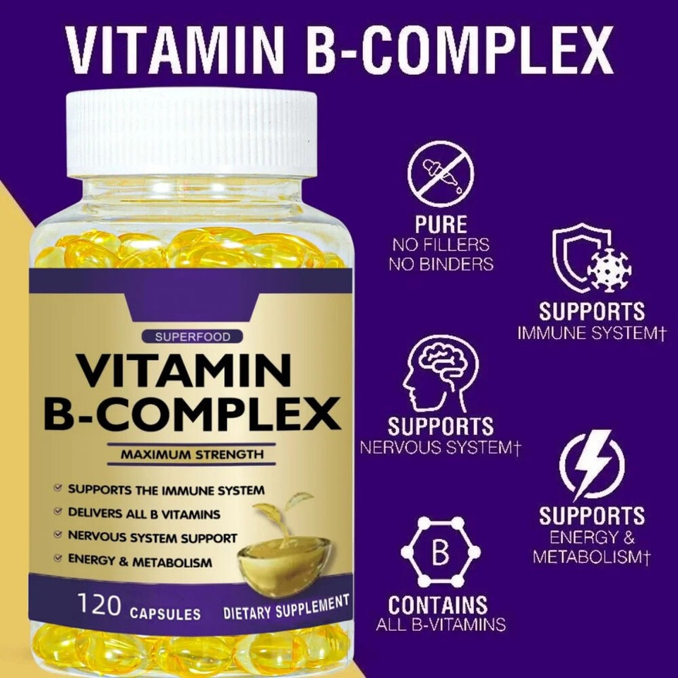 120 Capsules Vitamin B Complex B1,B2,B3,B5,B6,B7,B9,B12, Immune Support ...