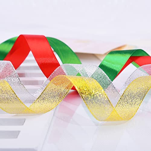 4 Rolls 100 Yards Christmas Ribbon Satin Metallic Glitter Ribbons for ...