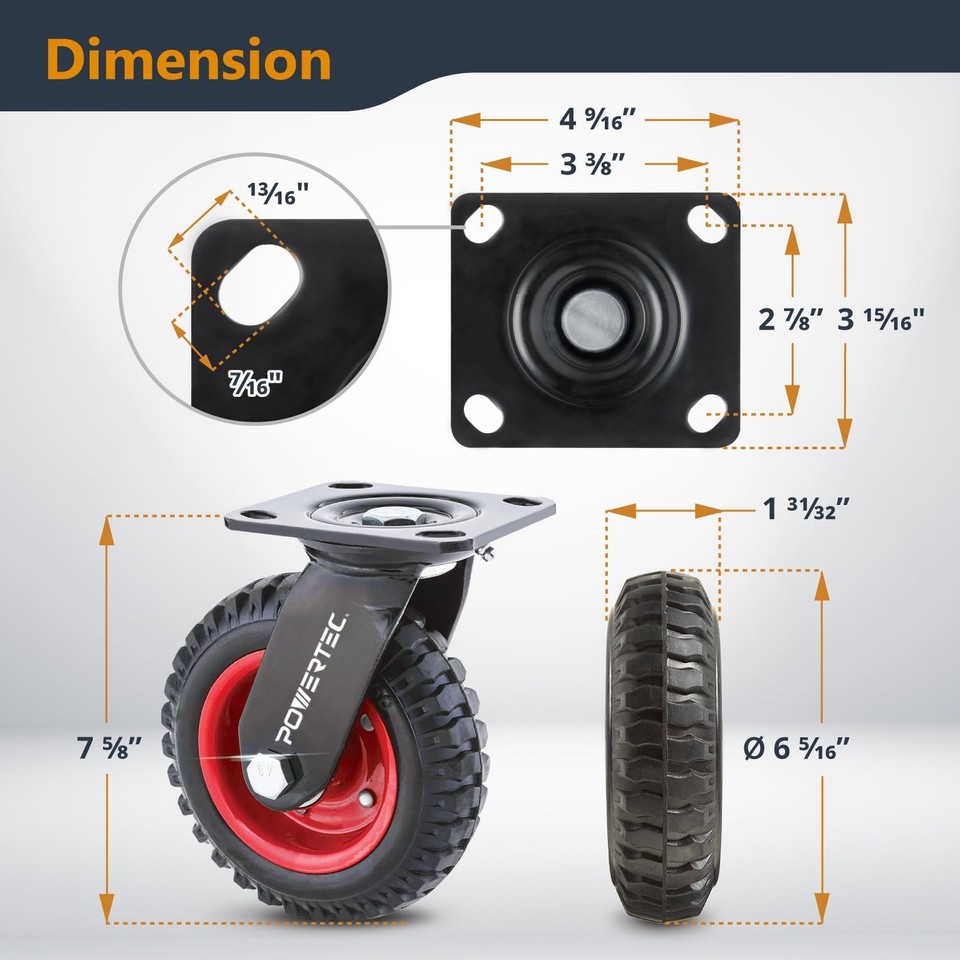 6 Inch Caster Wheels, Heavy Duty Swivel Plate Casters with Rubber ...