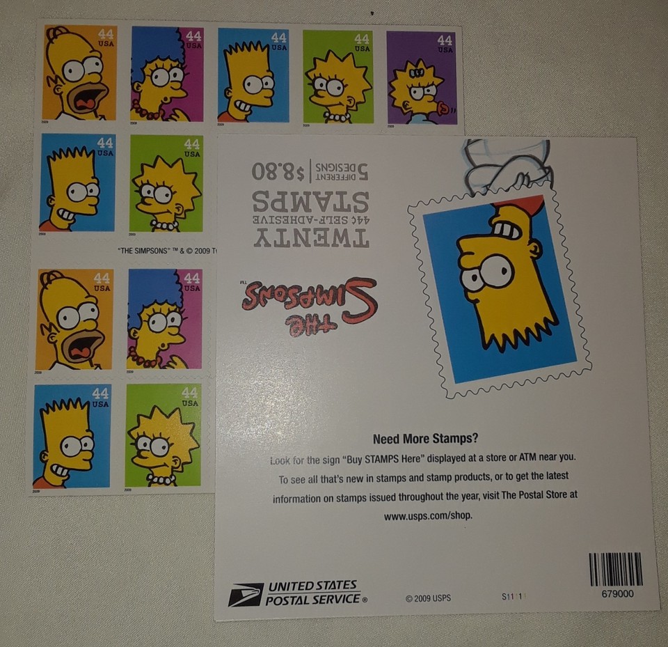Two (2) Booklet Panes of THE SIMPSONS 44¢ US Postage Stamps, USA Sc ...