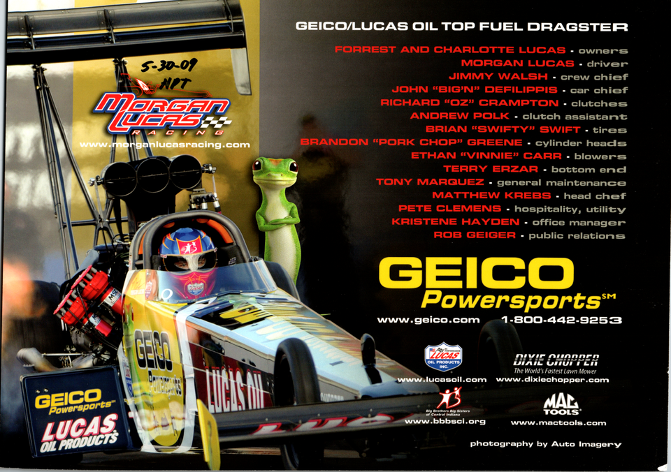 Morgan Lucas Hand Signed 8.5x11 Bio Card 2009 NHRA Top Fuel Dragster ...