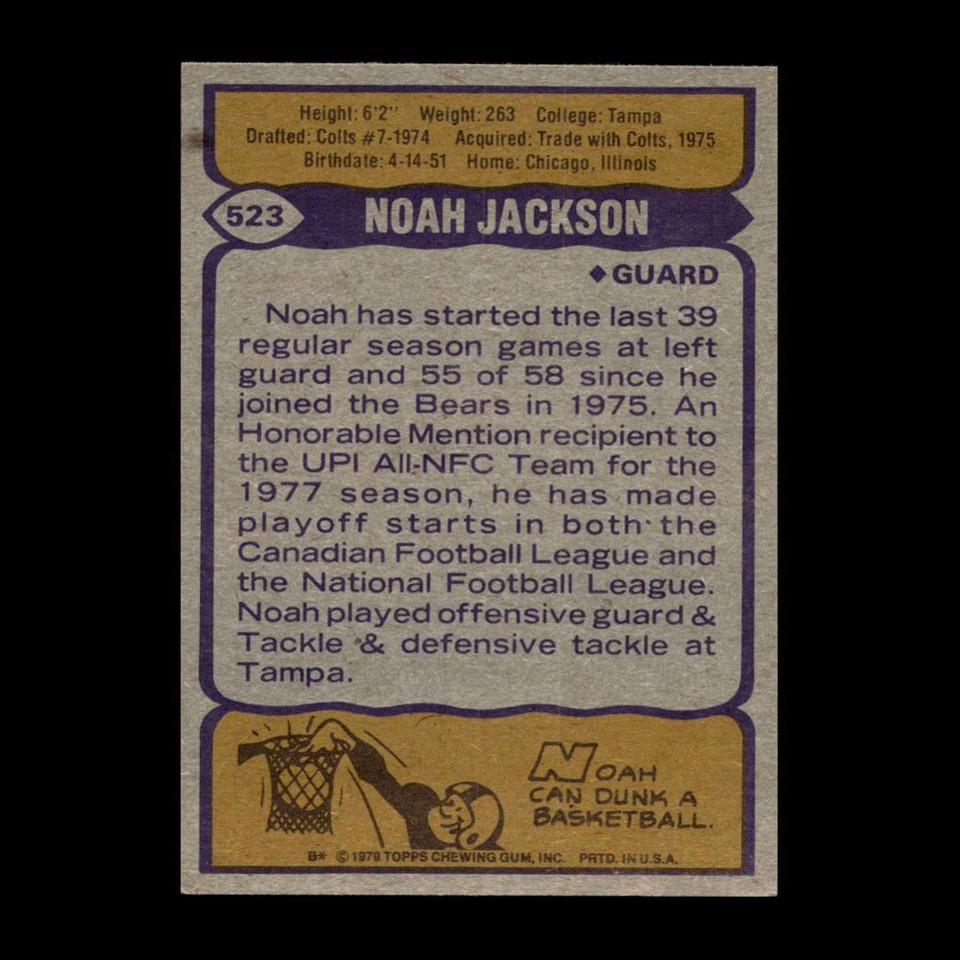 Noah Jackson 1979 Topps Chicago Bears #523 R311F 3 | eBay