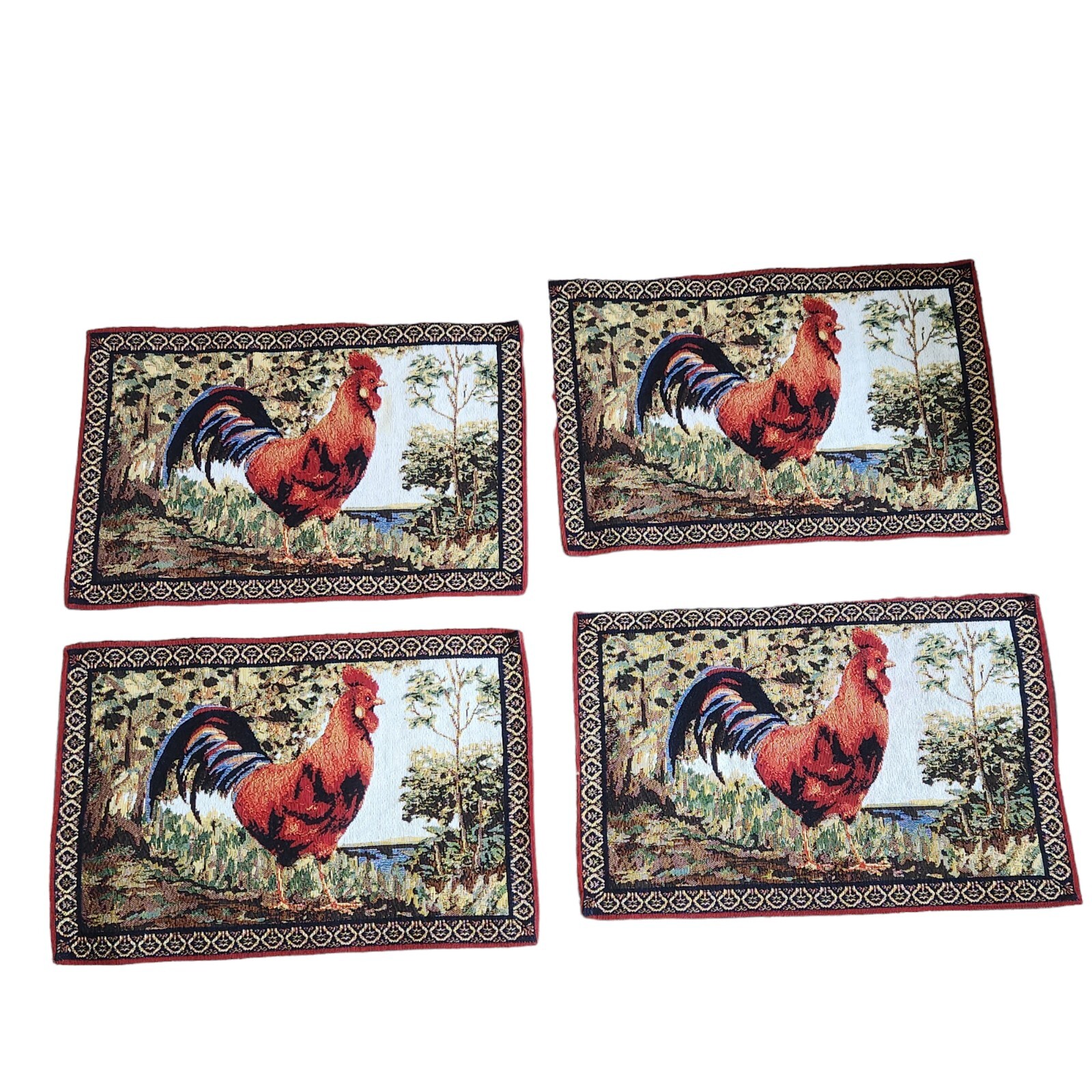 Set Of 4 Rooster Placemats Woven Tapestry Dining Kitchen Chicken Red ...
