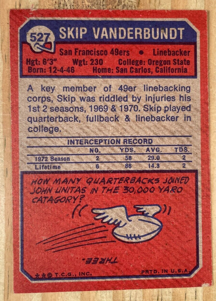 1973 TOPPS SKIP VANDERBUNDT CARD#527 SAN FRANCISCO 49ERS SAINTS OREGON ...