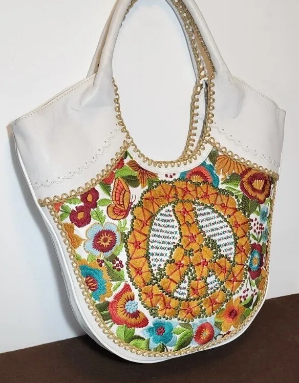 ISABELLA FIORE SAKS PEACE SIGN PIPER EMBROIDERED LEATHER HOBO HANDBAG ...